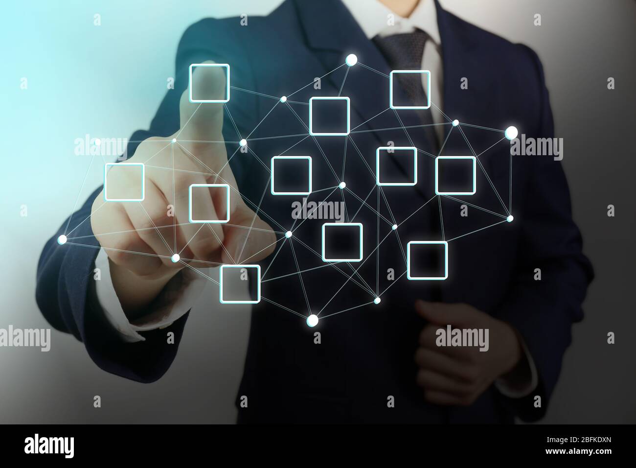 Human hand pressing social network structure Stock Photo - Alamy