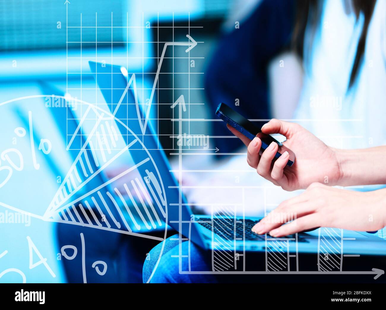 Computers with chart and graphs on screen, technology concept Stock ...