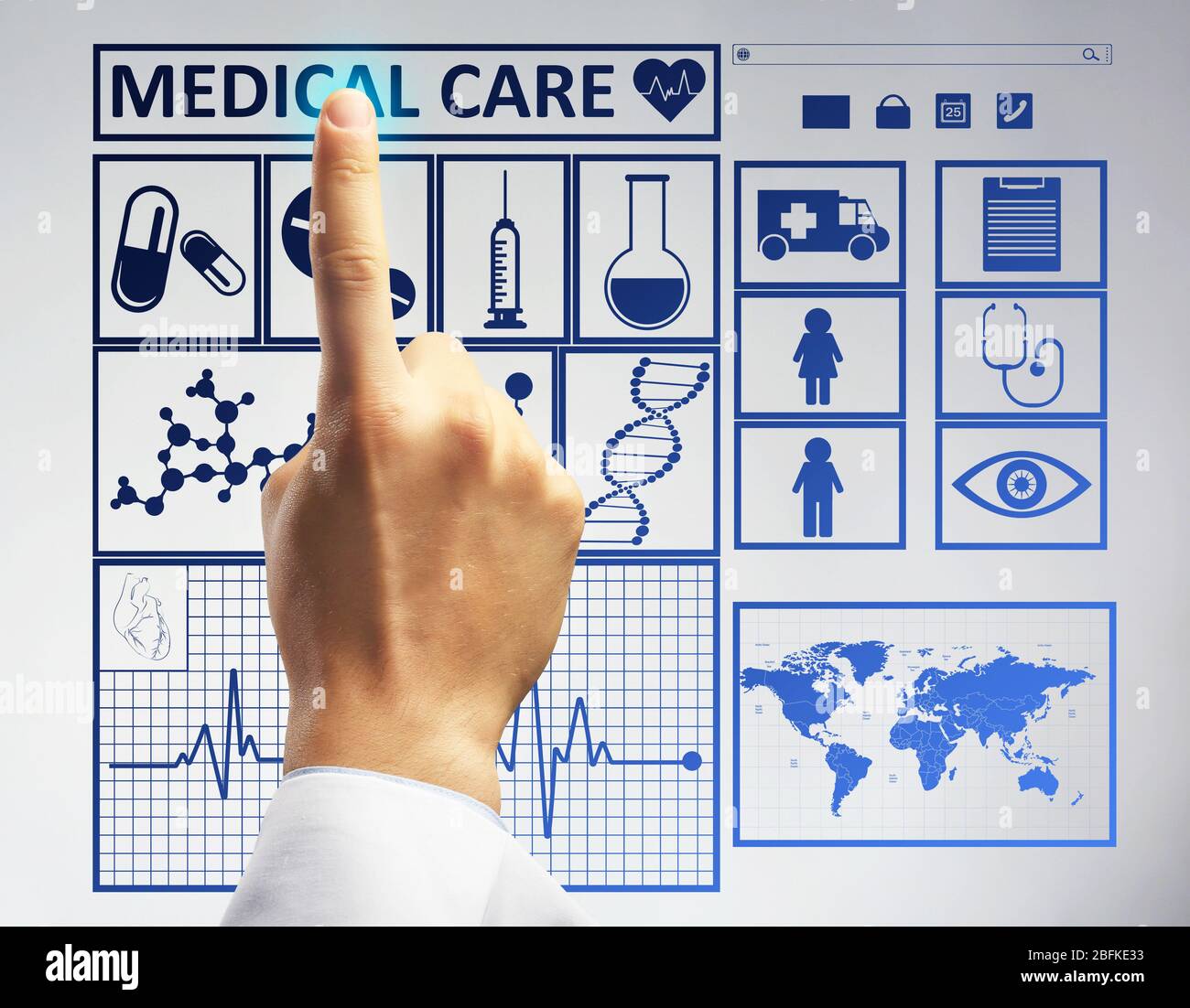 Doctor hand with medicine icons - medical technology concept Stock ...