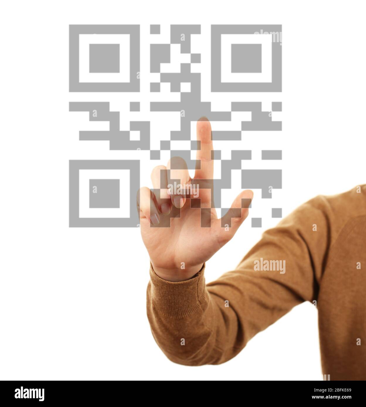 Man presses on QR code Stock Photo - Alamy