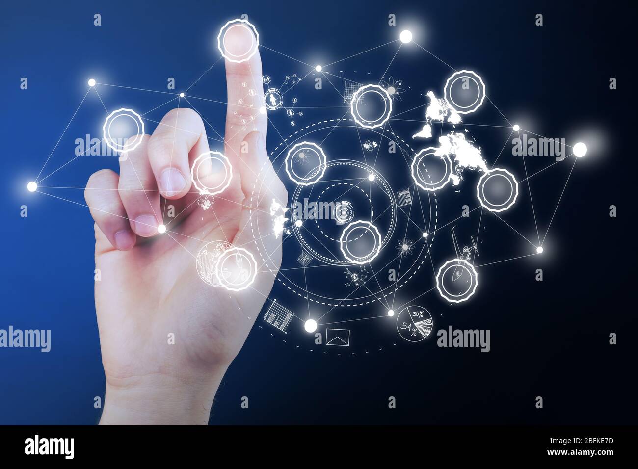 Human hand pressing social network structure Stock Photo - Alamy