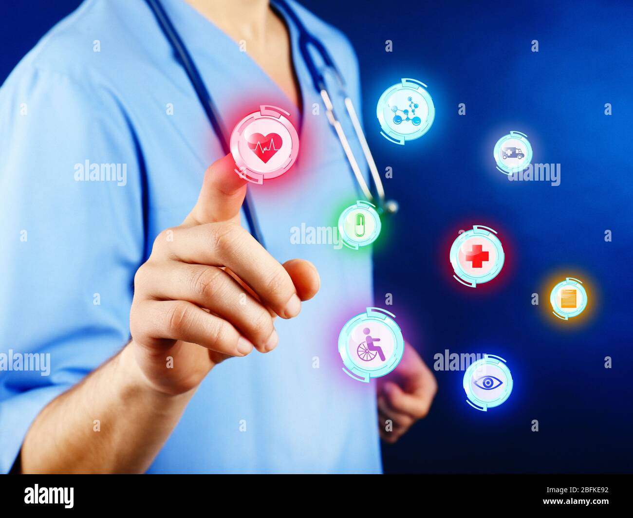 Doctor hand working with modern medical icons, close up Stock Photo - Alamy