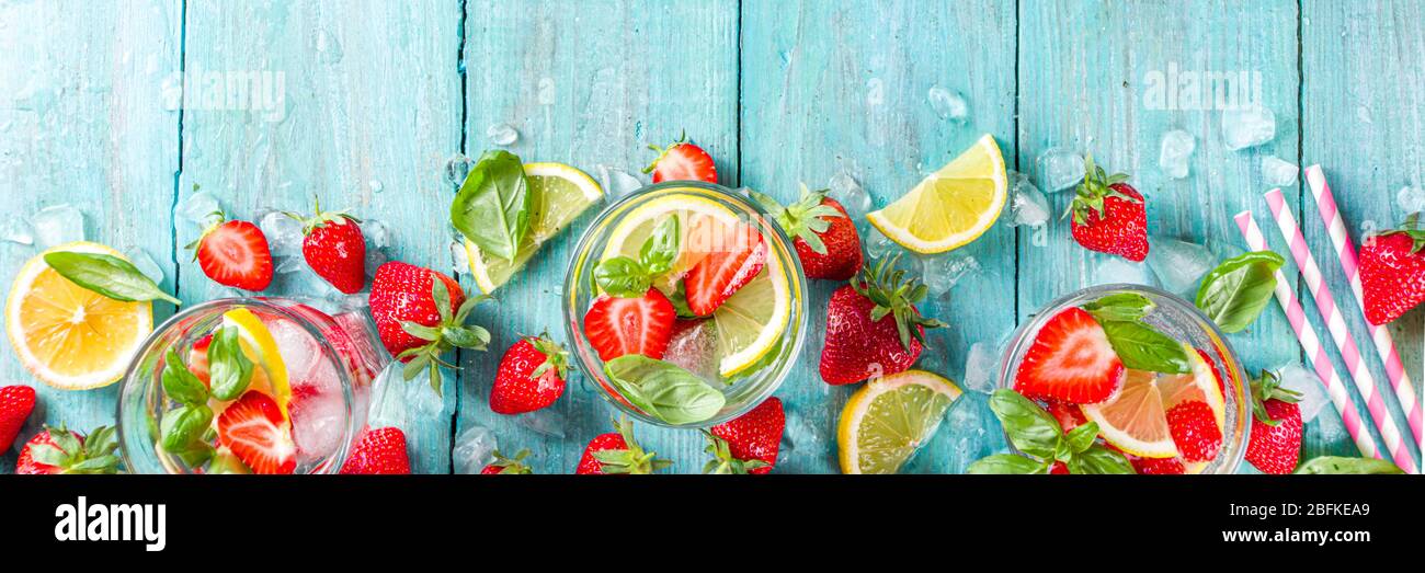 Strawberries and basil lemonade. Summer cold iced cocktail recipe, with ...