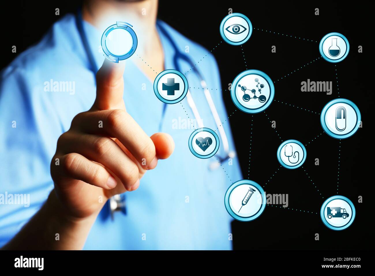 Doctor hand with medicine icons - medical technology concept Stock ...