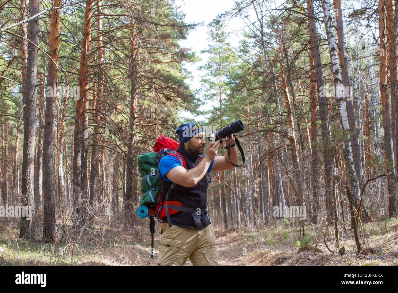 Photo of an ornithologist mith a camera walks through the forest and ...