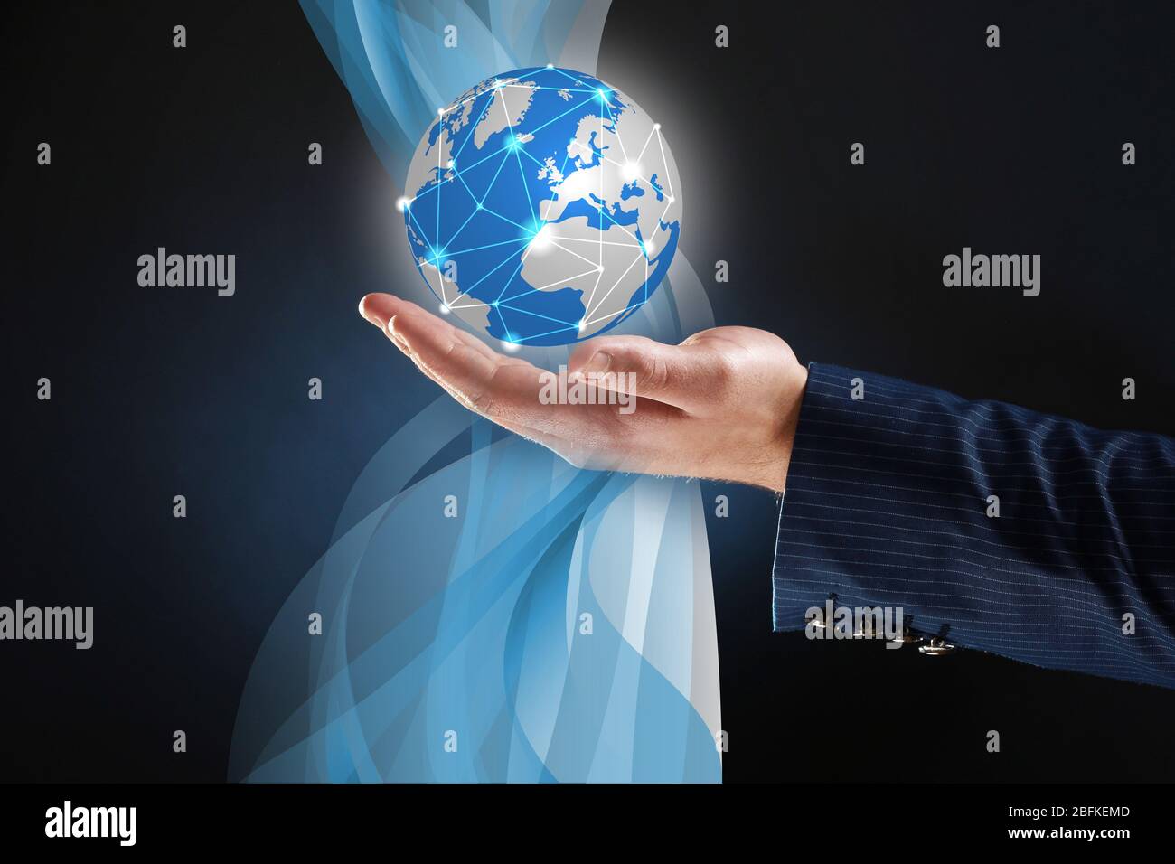 Human hand pressing social network structure on globe Stock Photo - Alamy