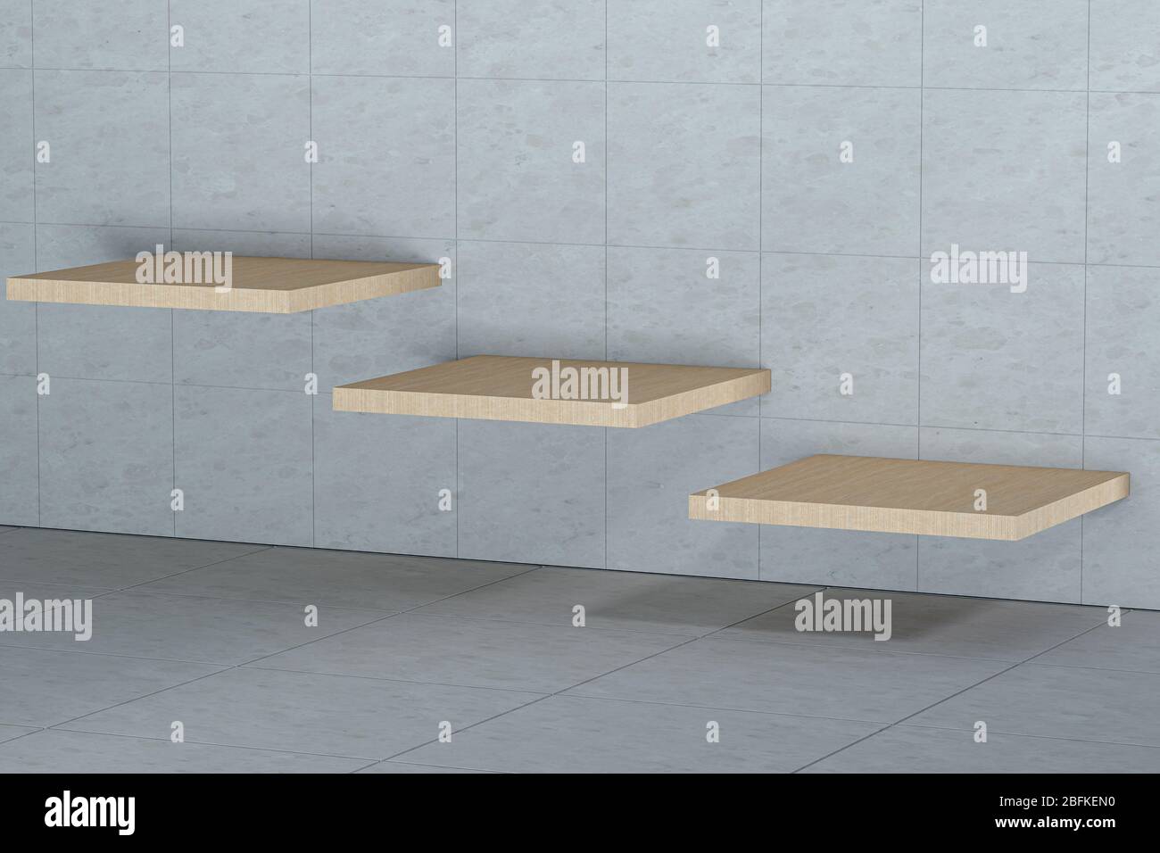 Indoor commodity shelves with grey background, 3d rendering. Computer ...