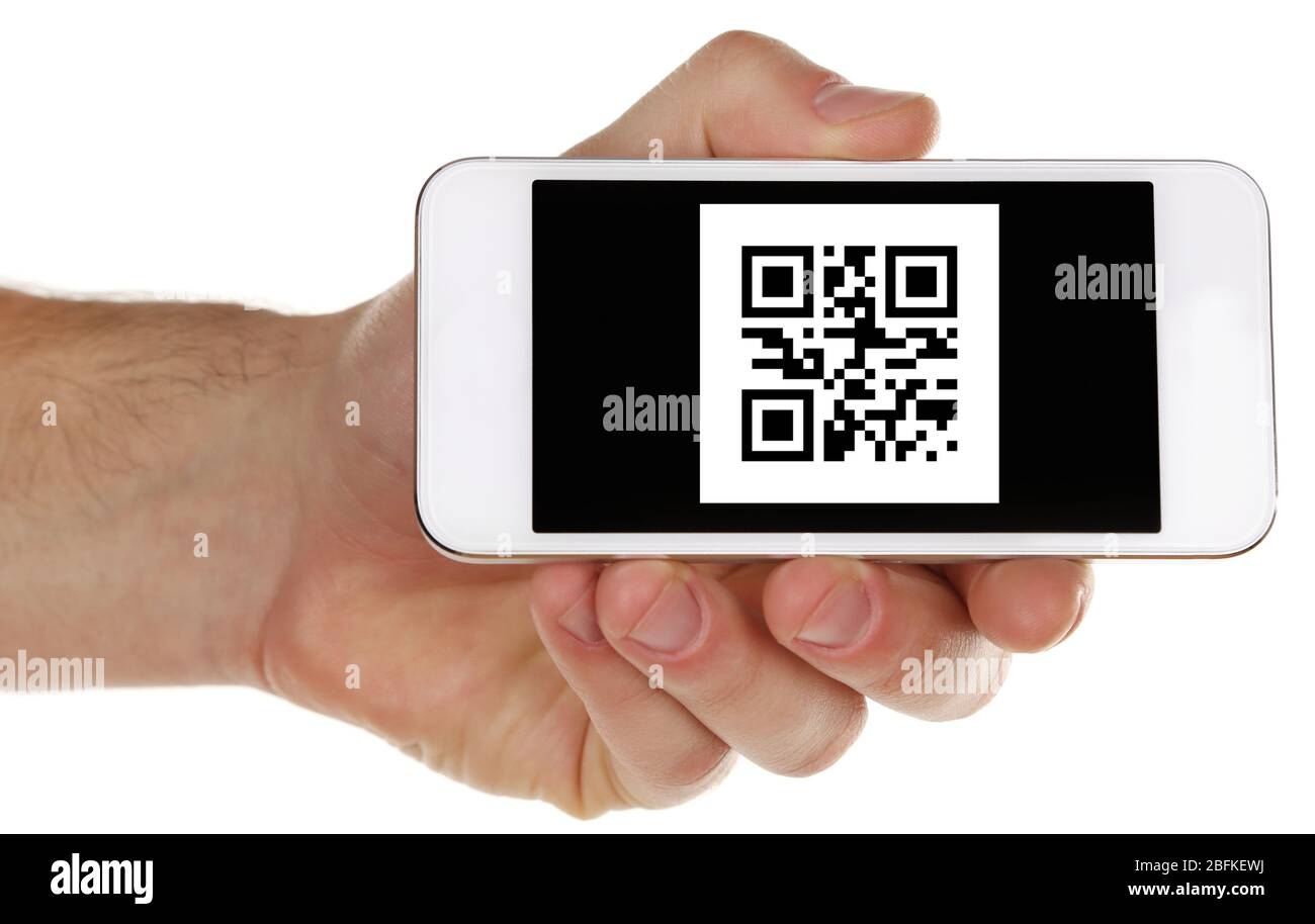 Hand holding smart phone with QR code on screen Stock Photo - Alamy