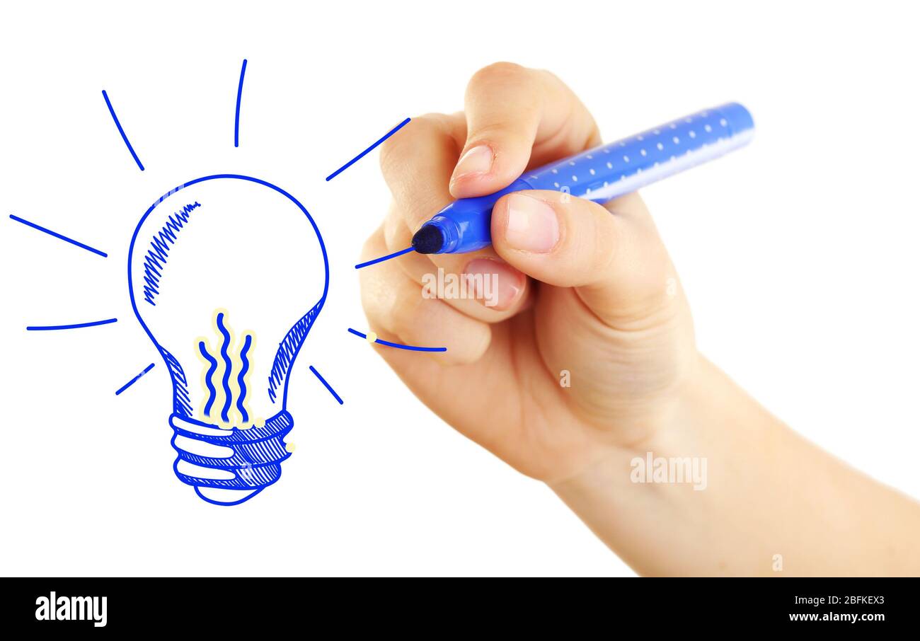 Human hand drawing light bulb isolated on white Stock Photo - Alamy