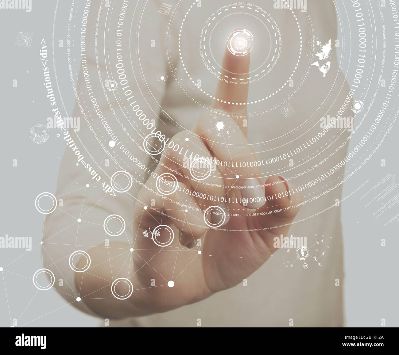Hand pushing business graph. Futuristic button Stock Photo - Alamy