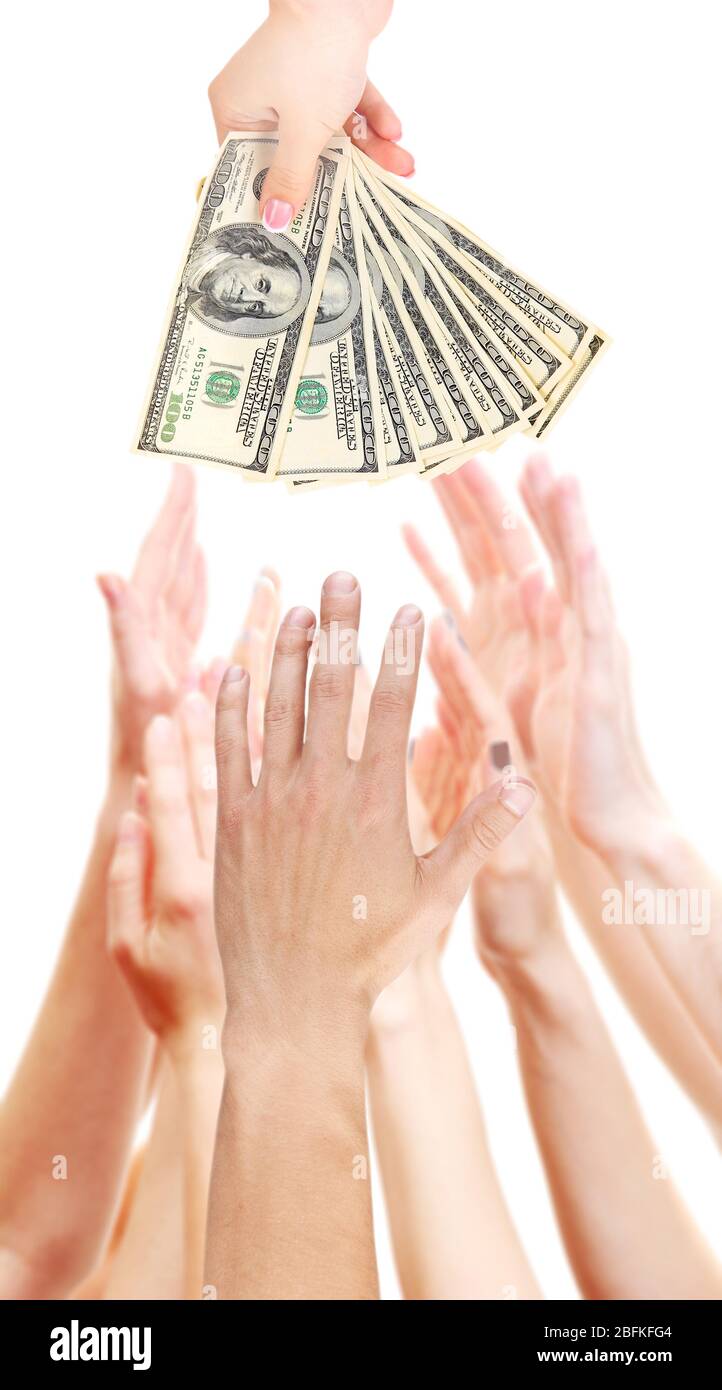 Many hands reaching out for money, isolated on white Stock Photo - Alamy