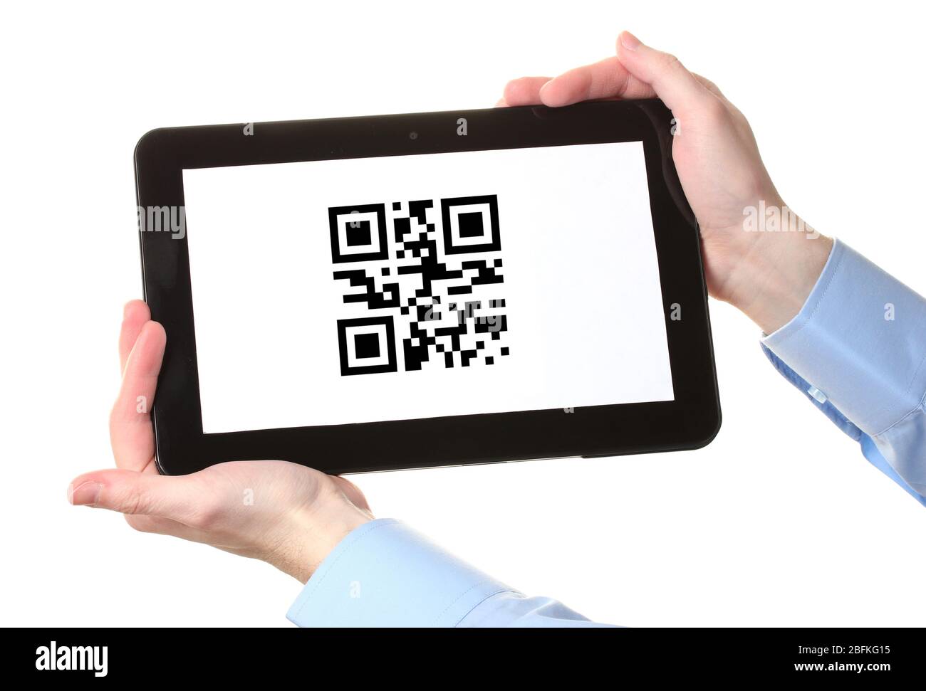 Hands holding tablet PC with QR code on screen Stock Photo - Alamy