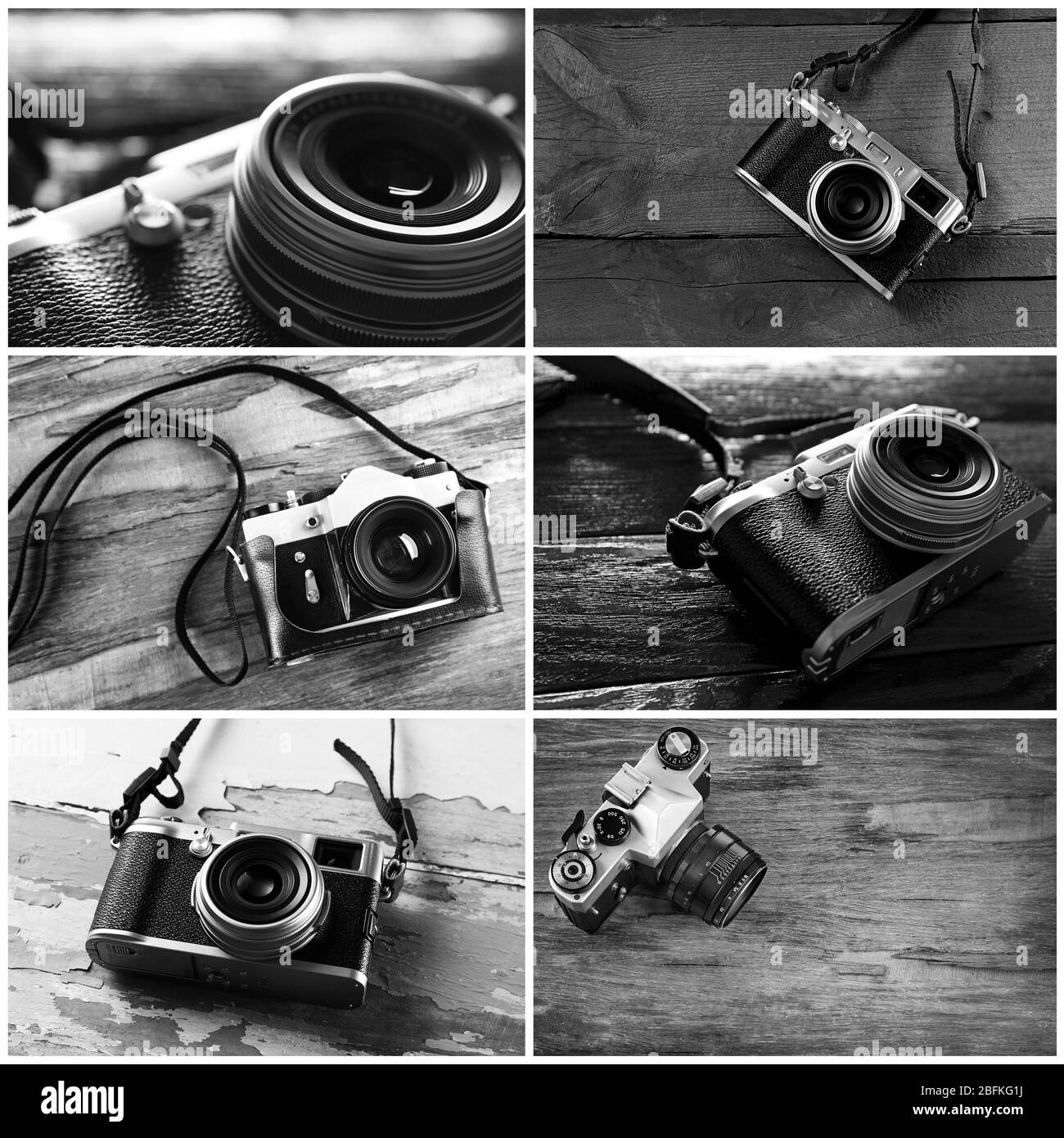 Collage of retro camera on wooden background in black and white Stock ...