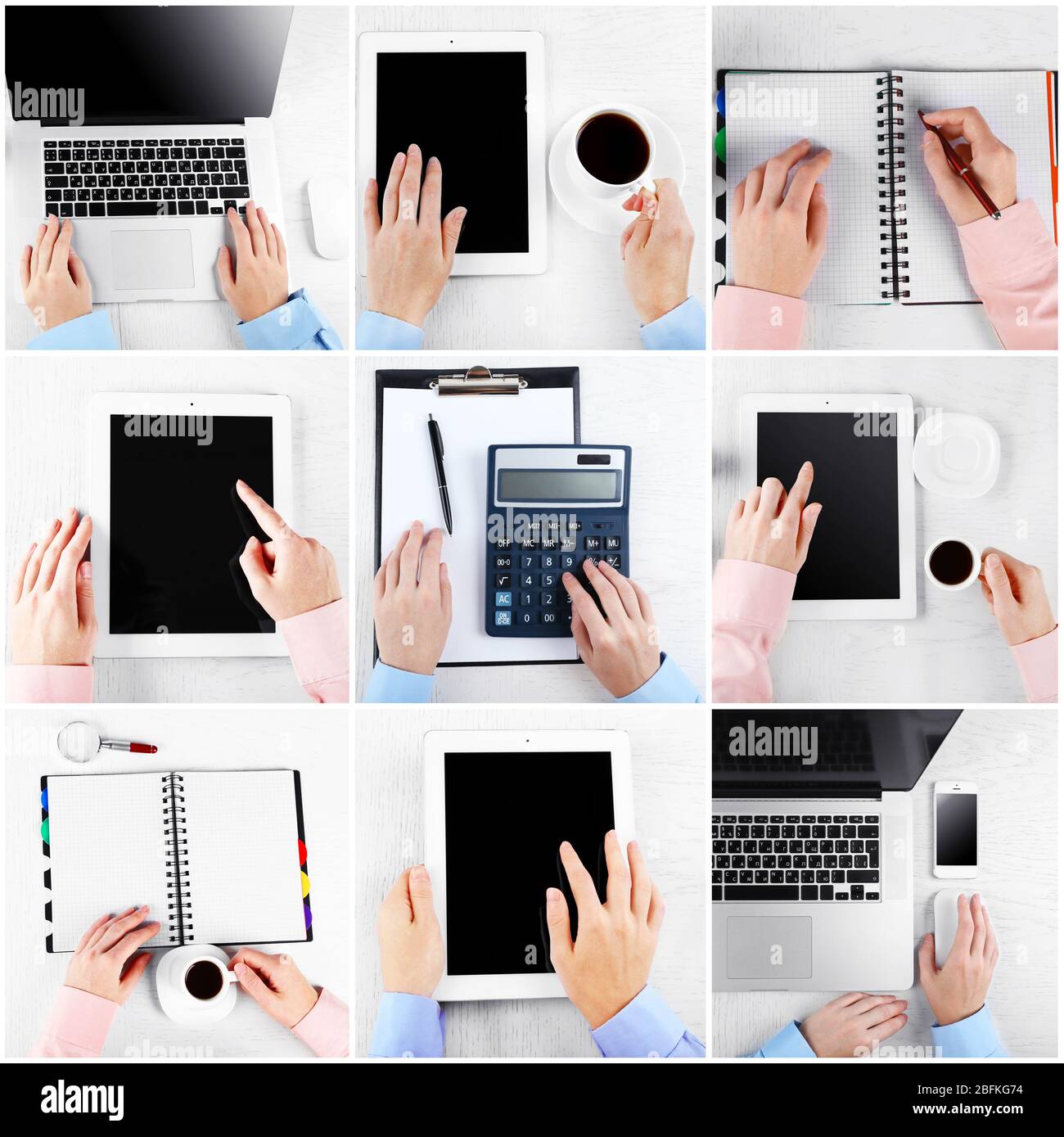 Collage of photos with hands working in the office Stock Photo - Alamy