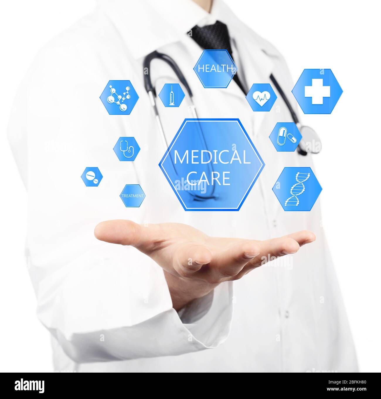Doctor hand with medicine icons - medical technology concept Stock ...