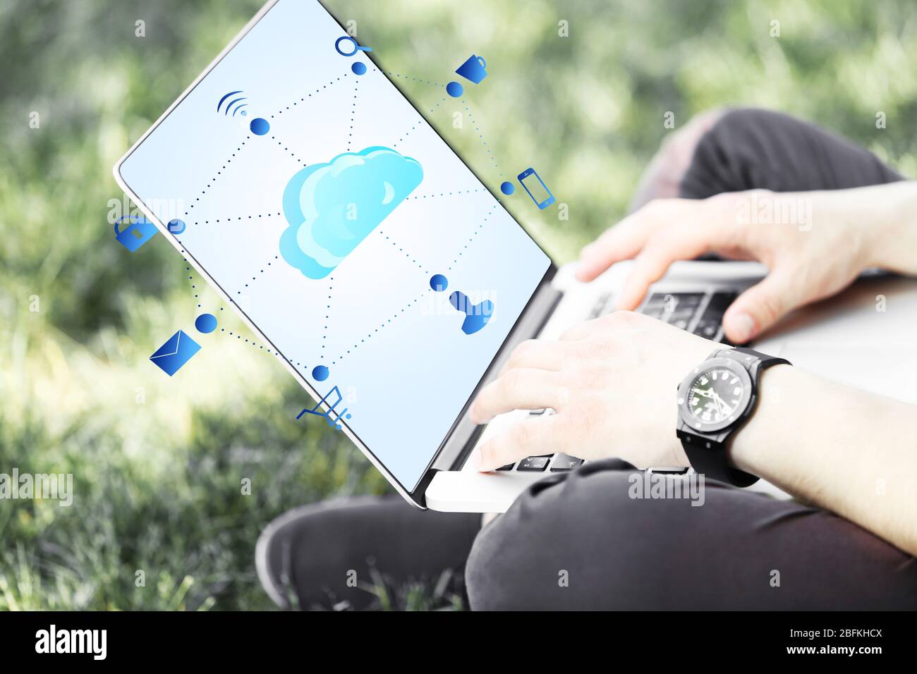 Man working with cloud computing diagram, modern technology concept ...