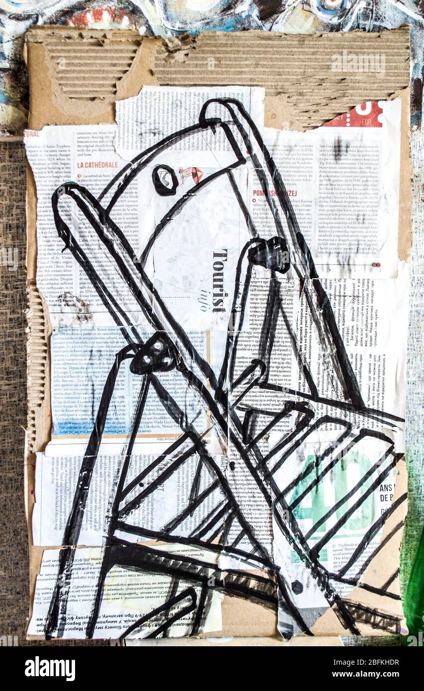 Chair collage made of scraps of paper on corrugated cardboard in the ...