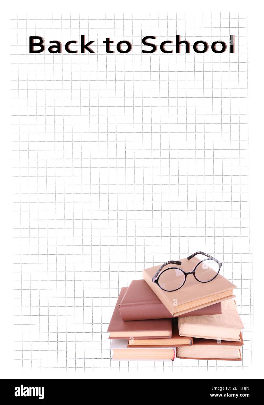 Books in a mess and glasses on paper background Stock Photo - Alamy