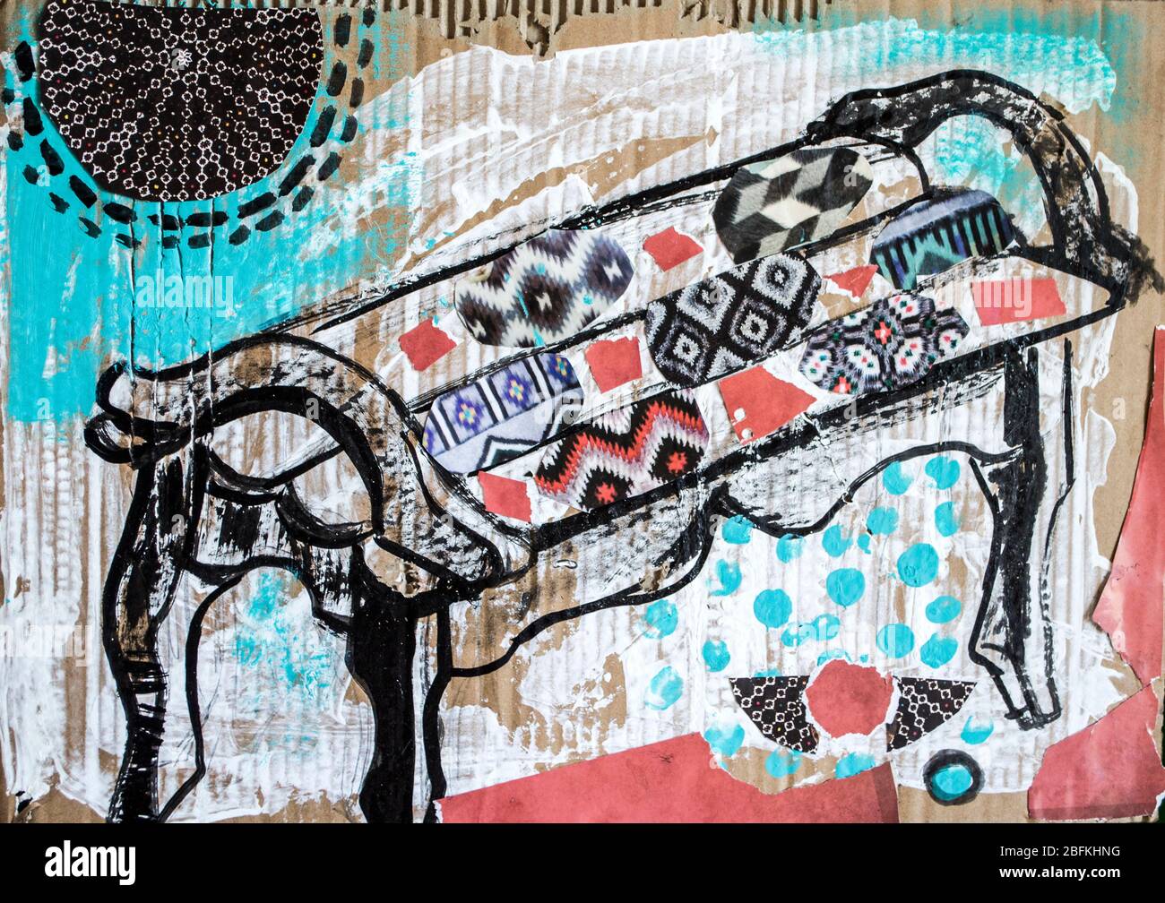 Chair collage made of scraps of paper on corrugated cardboard in the ...