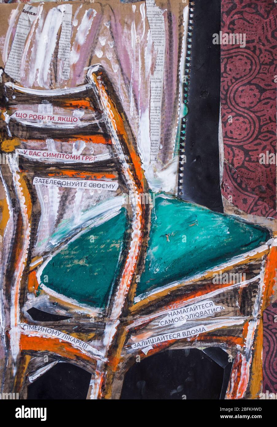 Chair collage made of scraps of paper on corrugated cardboard in the ...