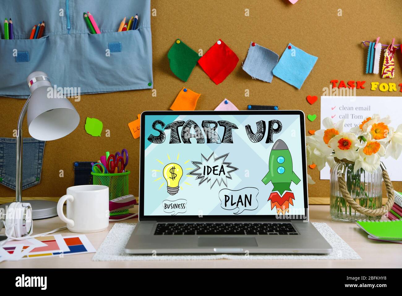 Workplace with computer. Startup business concept Stock Photo - Alamy