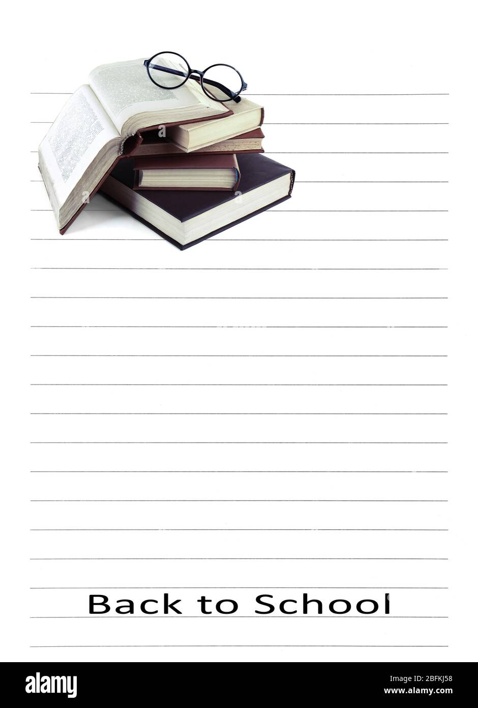 Books in a mess and glasses on paper background Stock Photo - Alamy