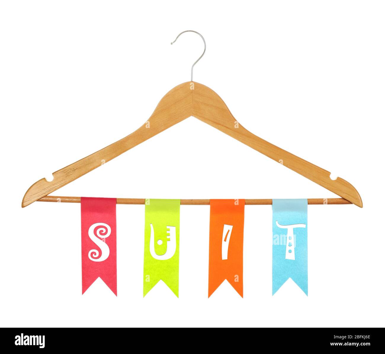 Row of colorful flags hanging on wooden hanger isolated on white Stock ...