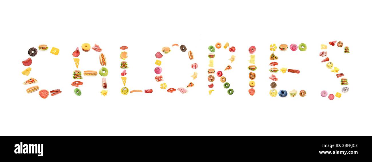Word CALORIES made of different unhealthy products isolated on white ...