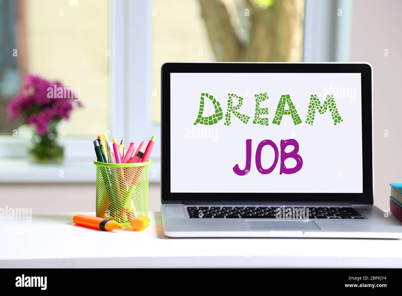 Dream job concept. Desktop with notebook on window background Stock ...