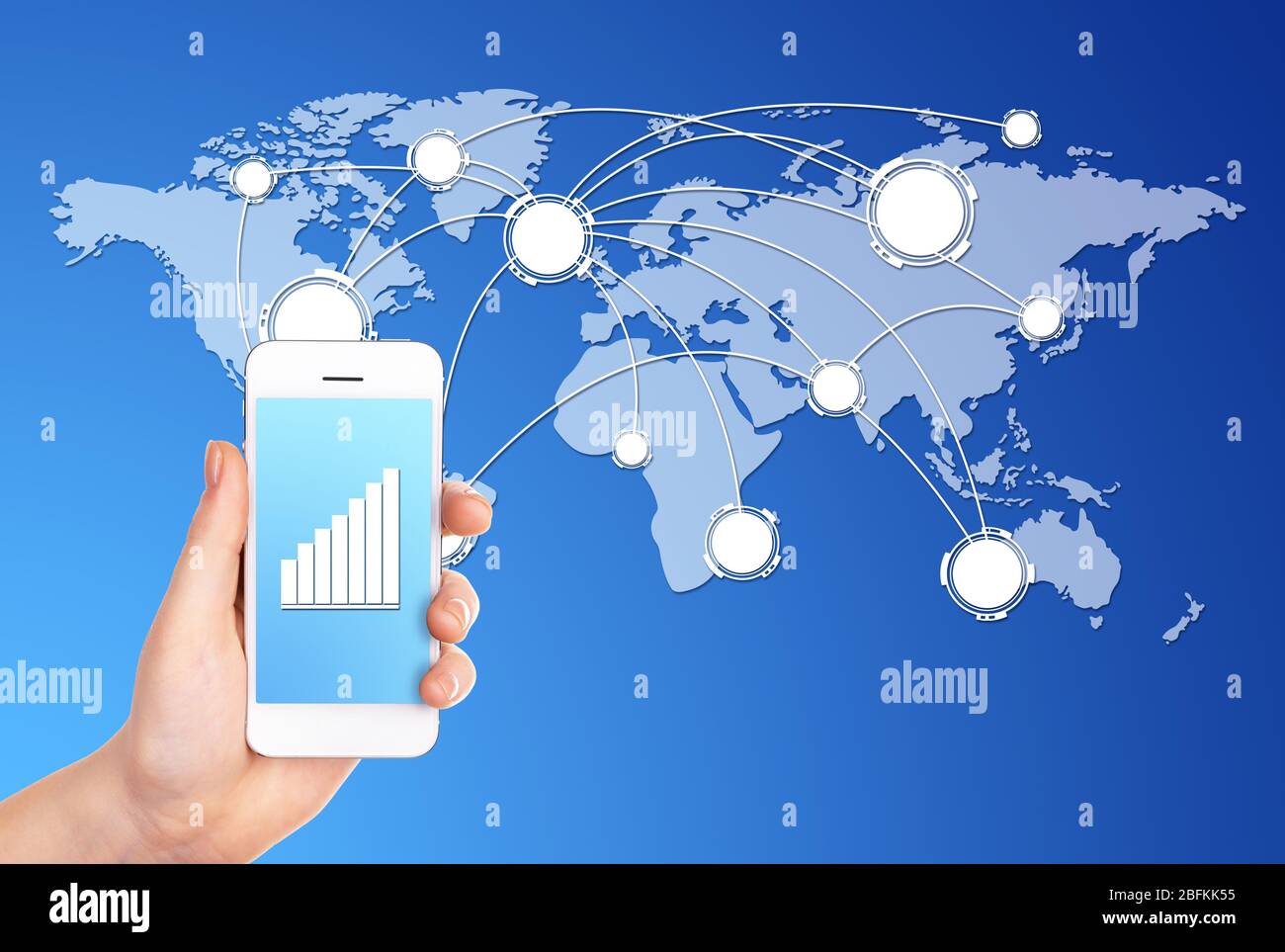 Technology and network concept - smarthphone with world map Stock Photo ...
