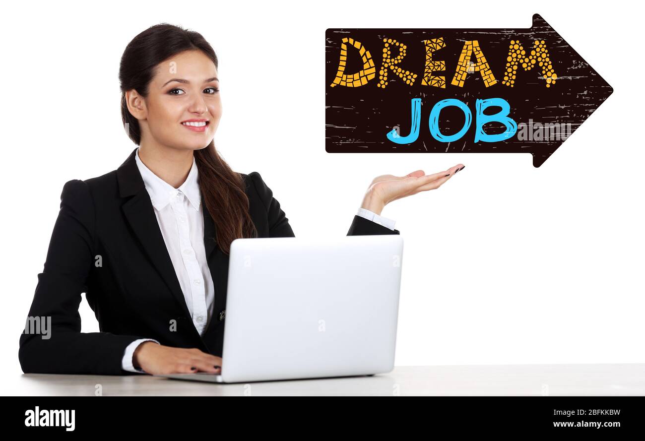 Dream job concept. Business lady with laptop isolated on white Stock ...