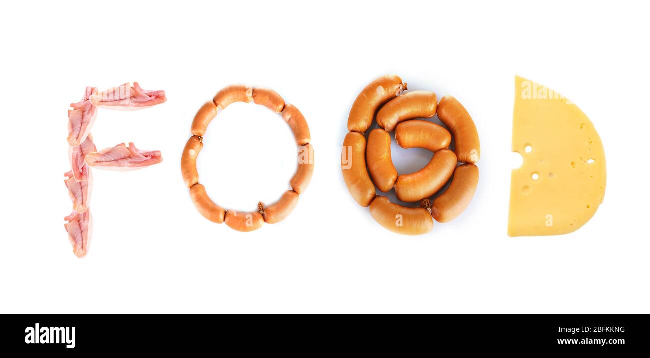 Word FOOD made of jamon, sausages and cheese isolated on white Stock ...