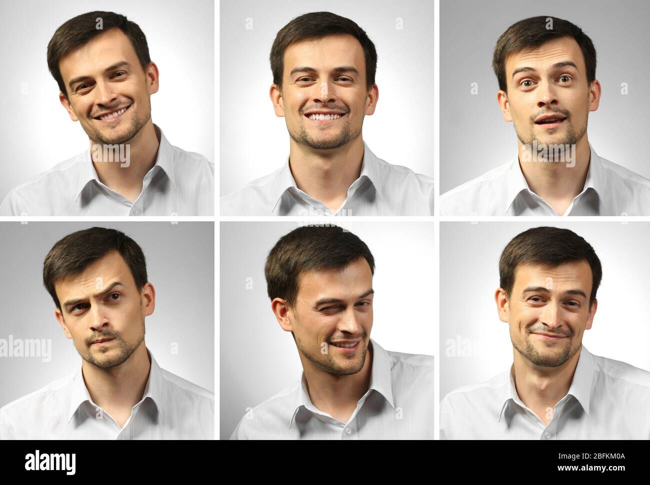 Collage of young man expressing different emotions Stock Photo - Alamy