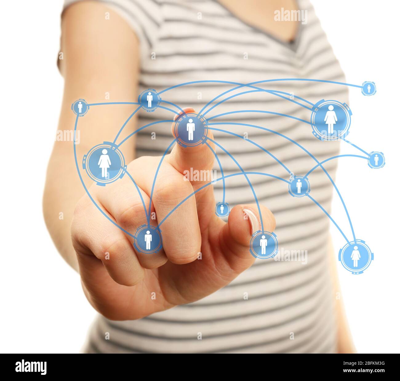 Human hand pressing social network structure Stock Photo - Alamy