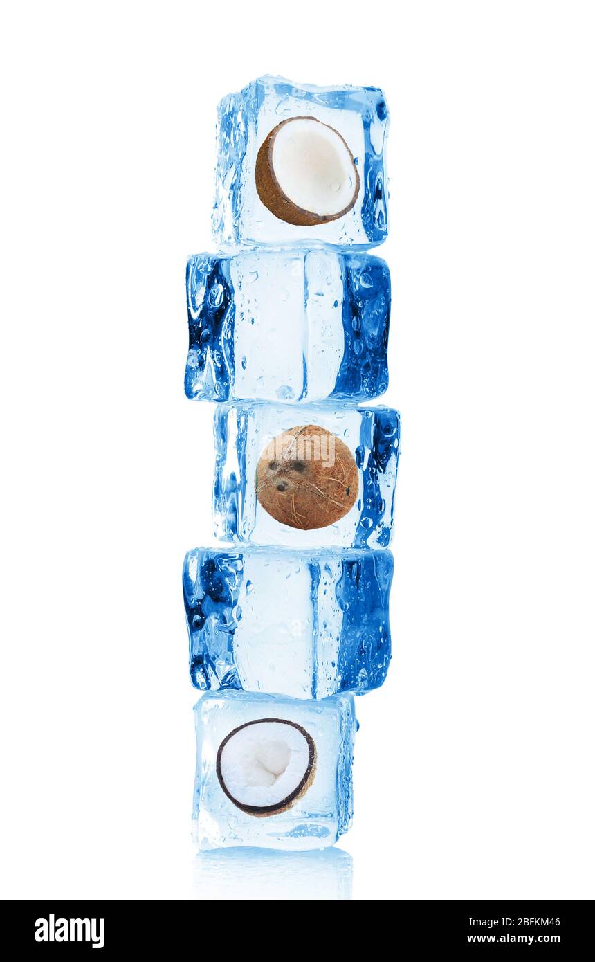 Coconuts in ice cubes isolated on white Stock Photo - Alamy