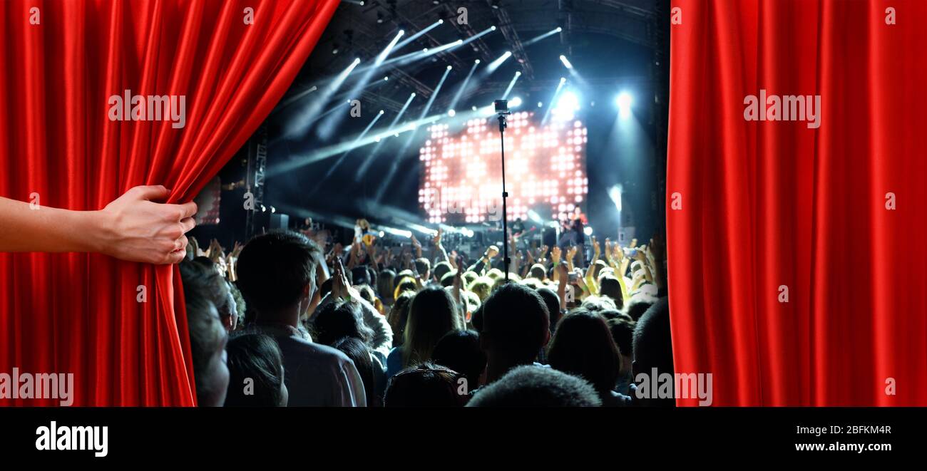 Red curtain on concert stage slightly open Stock Photo - Alamy