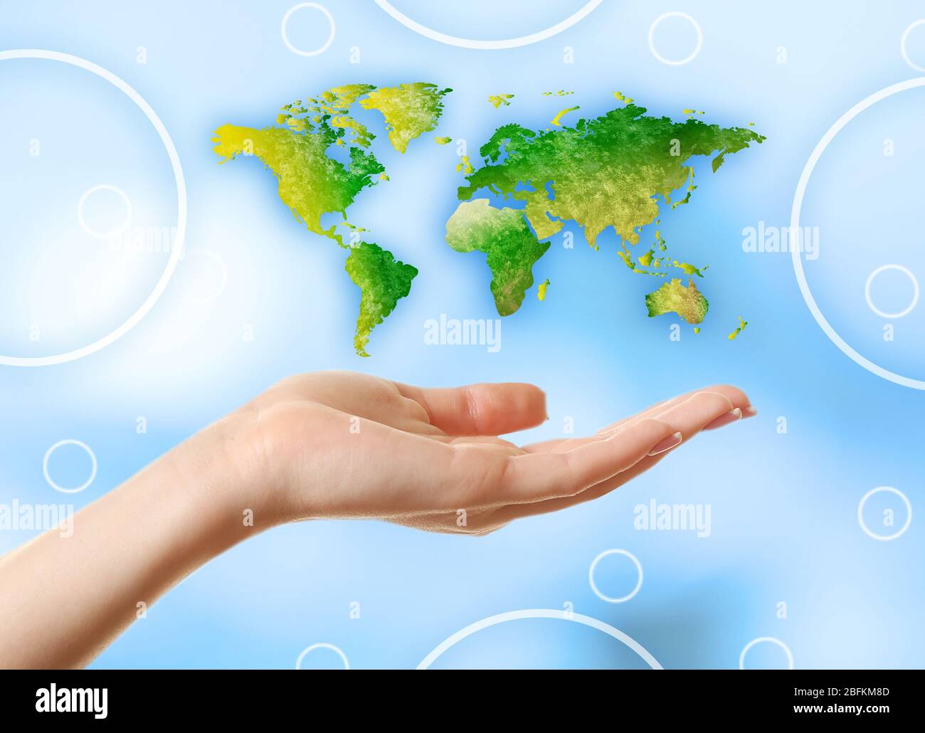 Woman holding map of world on her hand on abstract background Stock ...