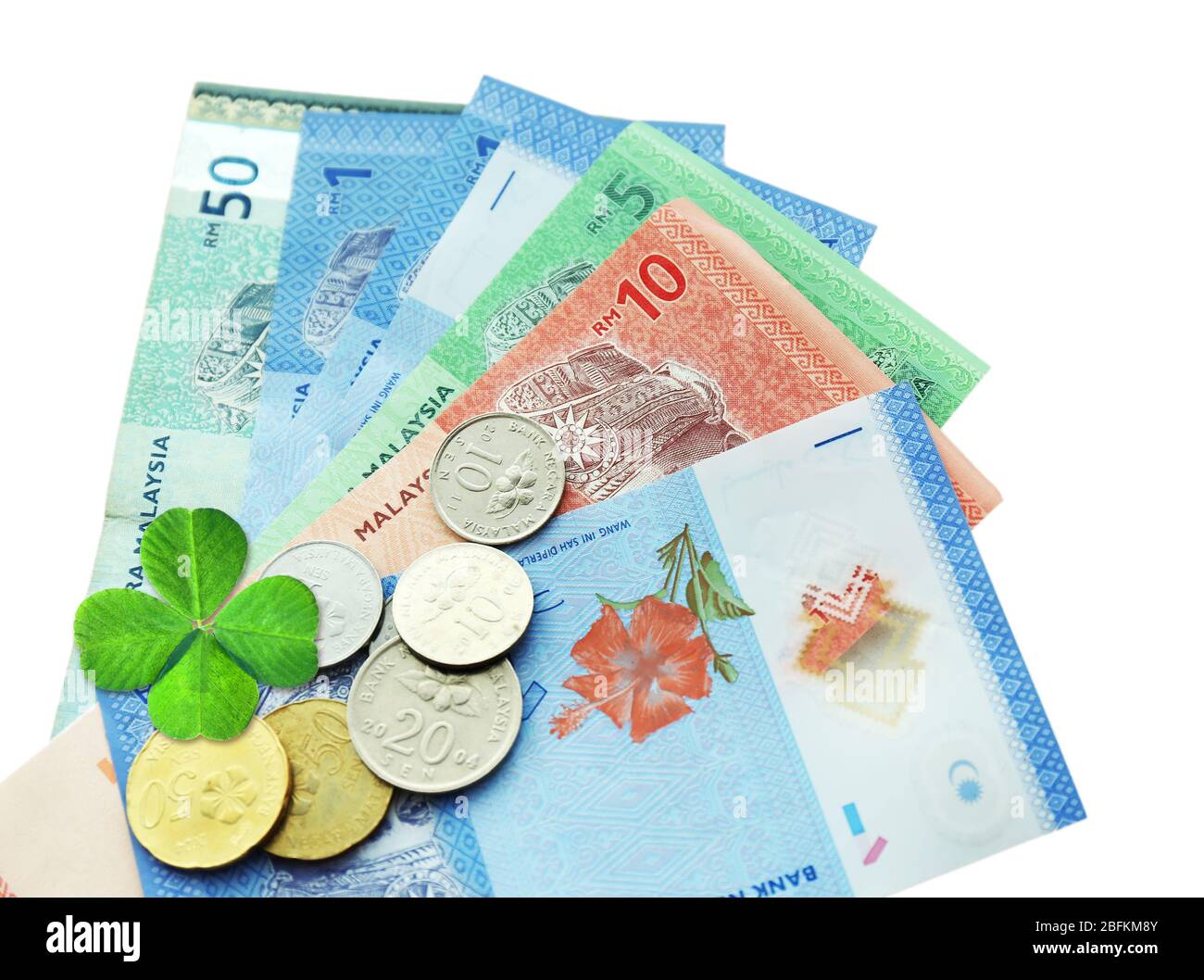 Money banknotes and coins with clover leaf isolated on white Stock ...