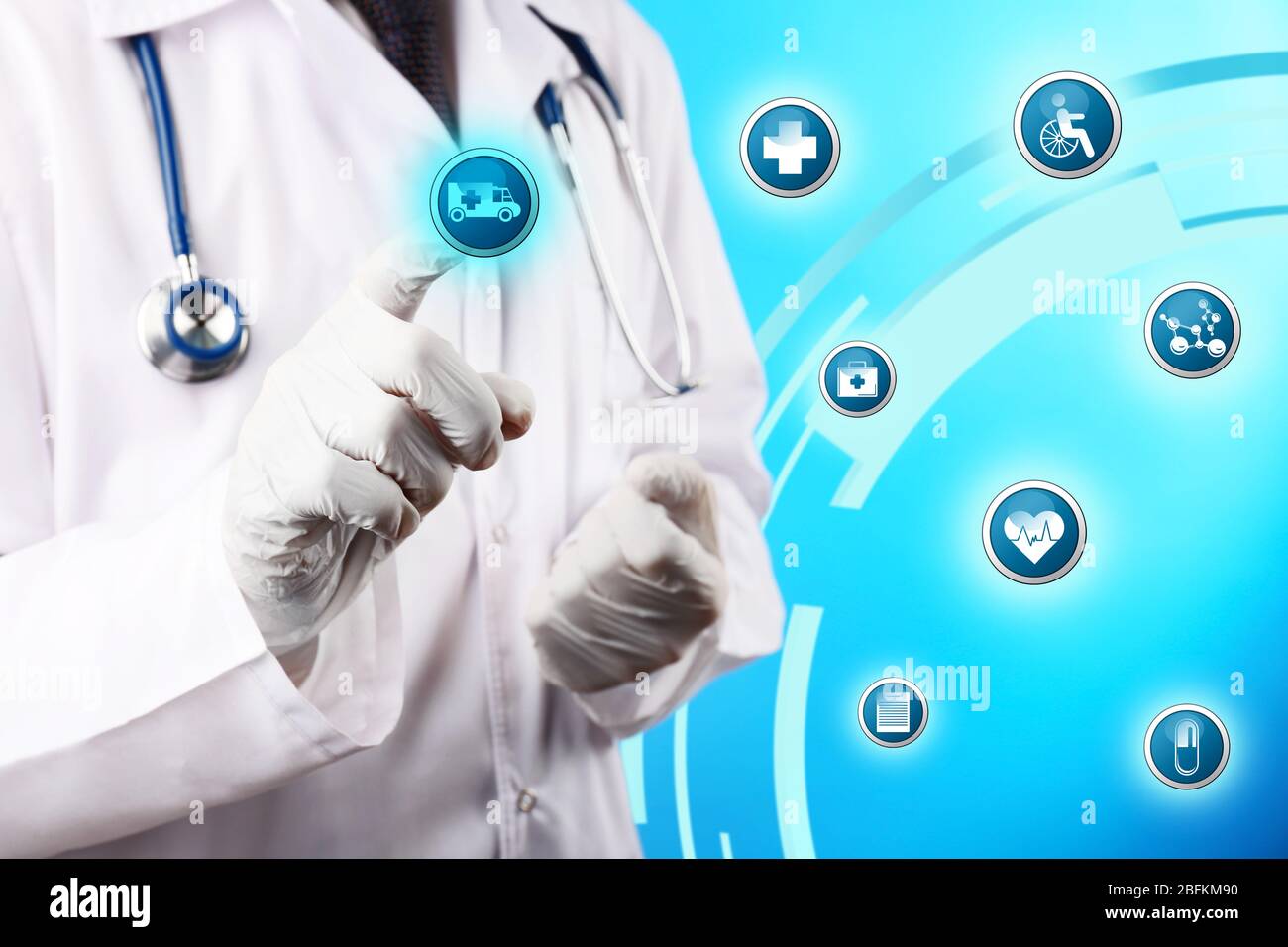 Doctor hand working with modern medical icons, close up Stock Photo - Alamy