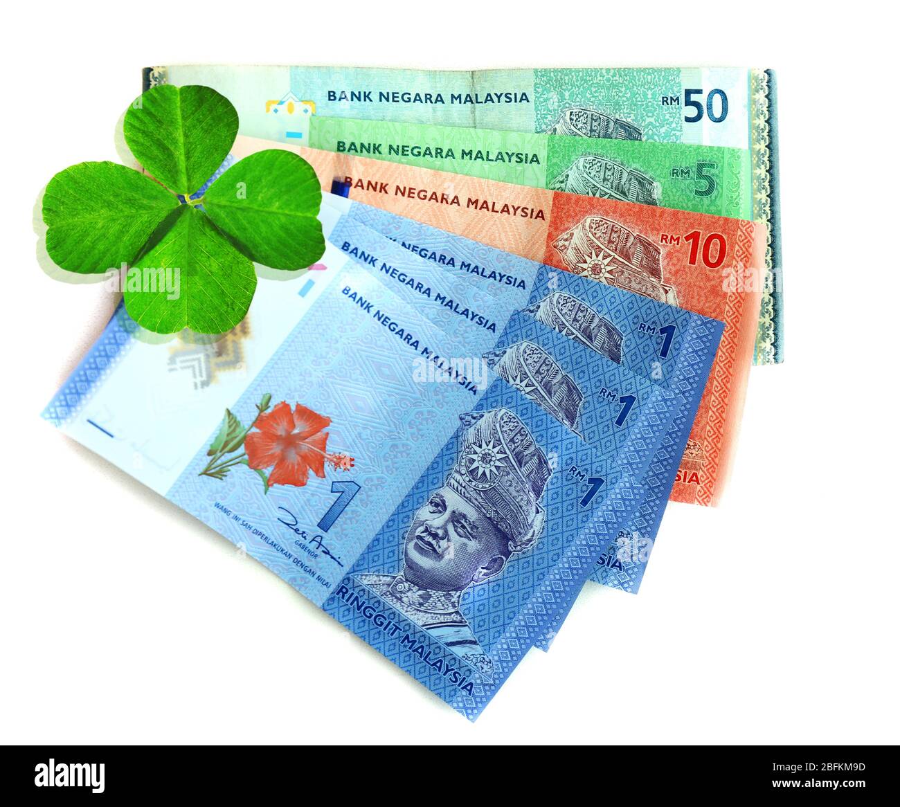 Money banknotes with clover leaf isolated on white Stock Photo - Alamy