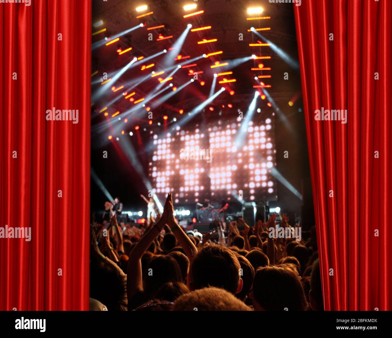 Red curtain on concert stage slightly open Stock Photo - Alamy