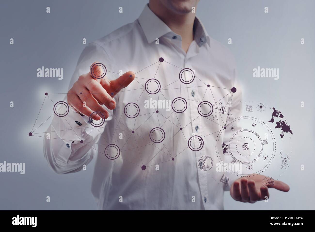Human hand pressing social network structure Stock Photo - Alamy