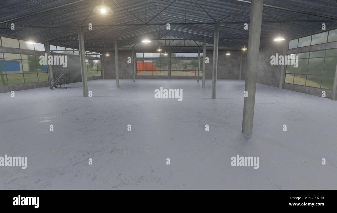 3D illustration of abandoned empty warehouse building Stock Photo - Alamy