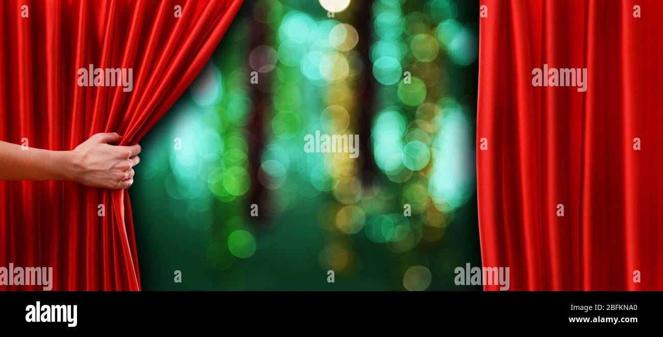 Red curtain on theater or cinema stage slightly open Stock Photo - Alamy