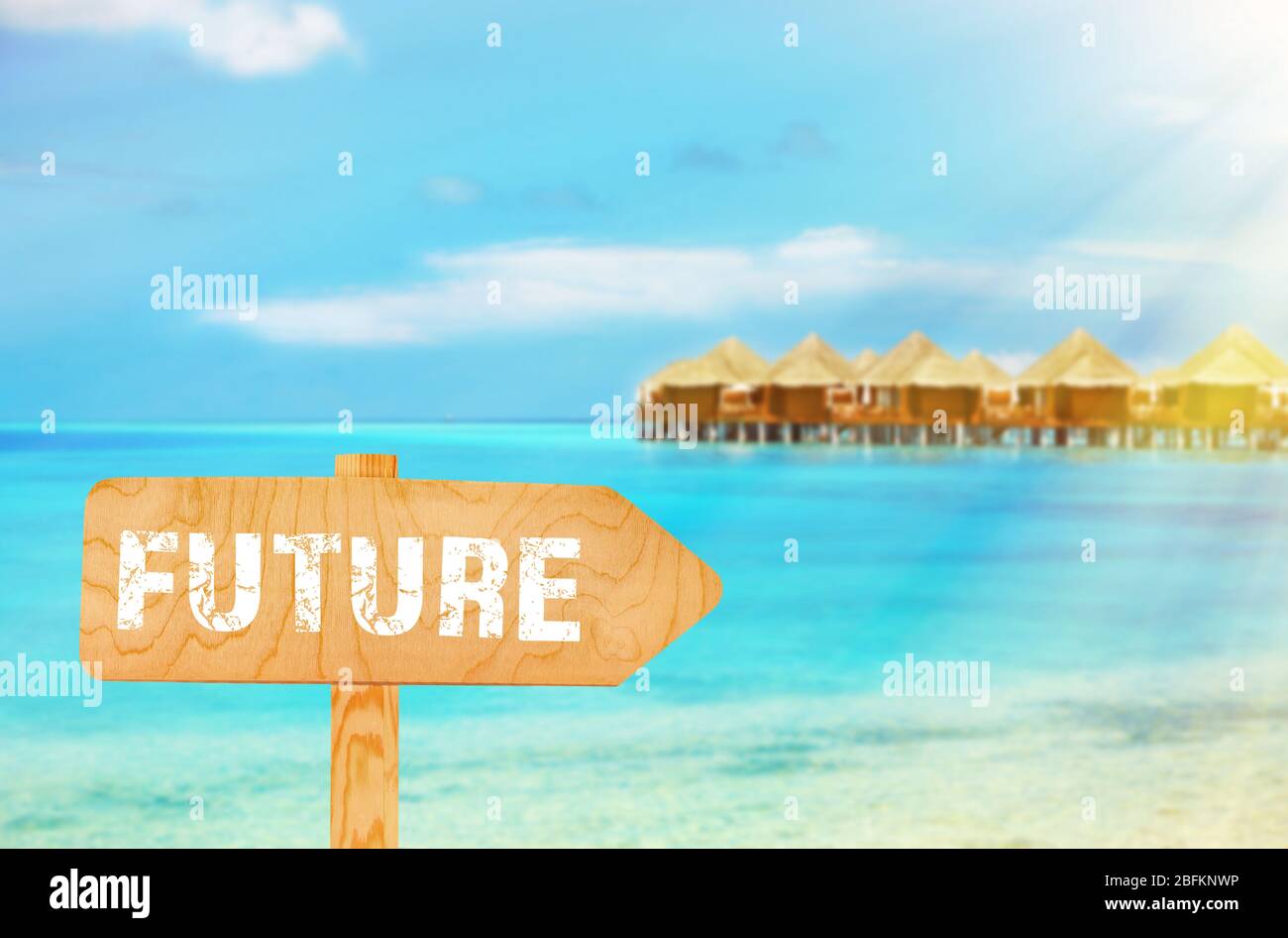 Future concept. Wooden sign board on ocean background Stock Photo - Alamy