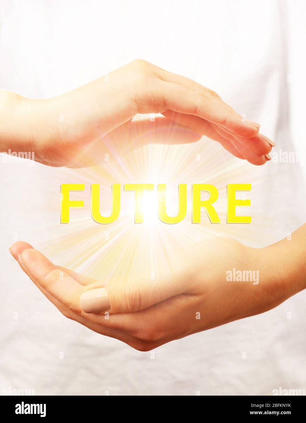 Future concept. Future word with light rays in hands, close up Stock ...