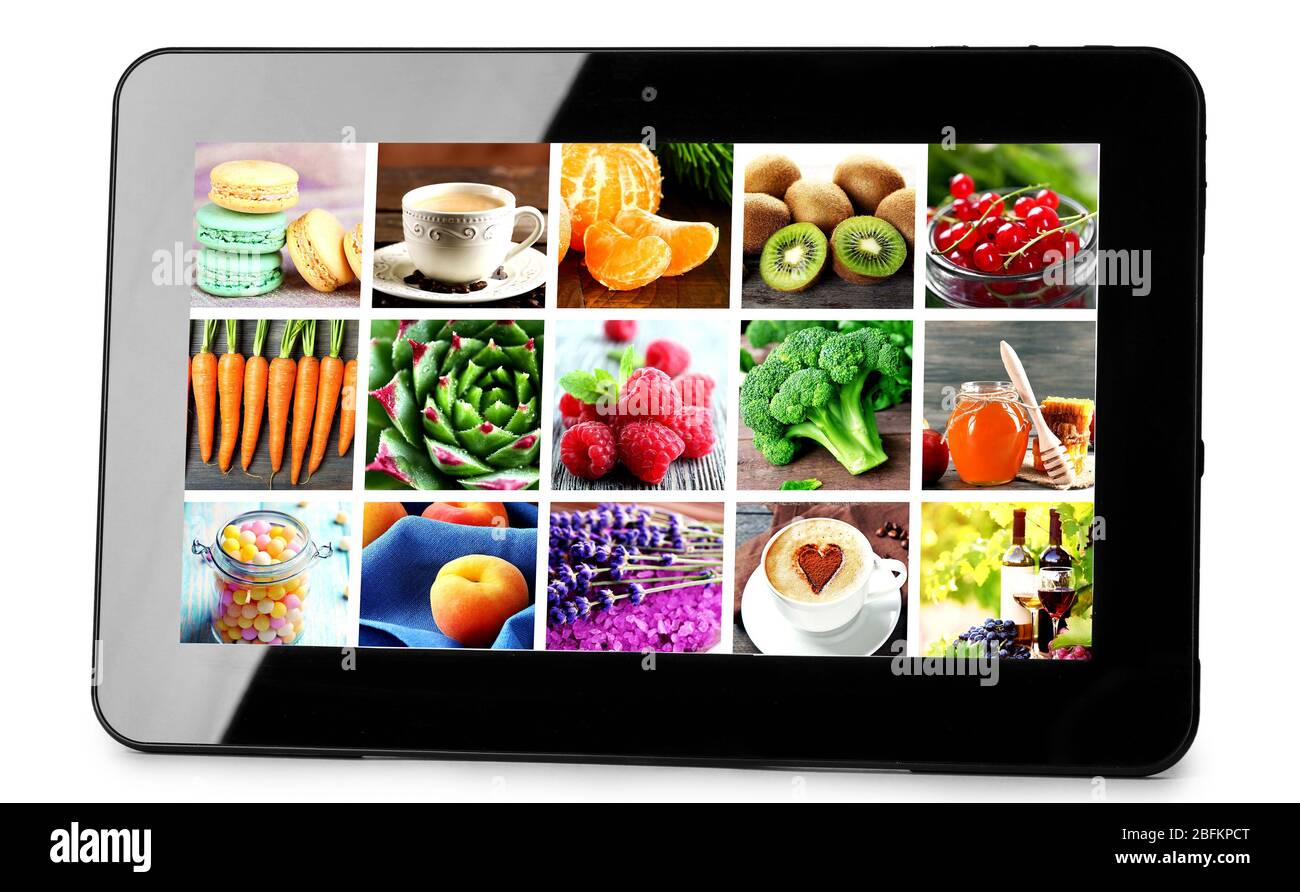 Tablet PC with images of nature objects, isolated on white Stock Photo ...