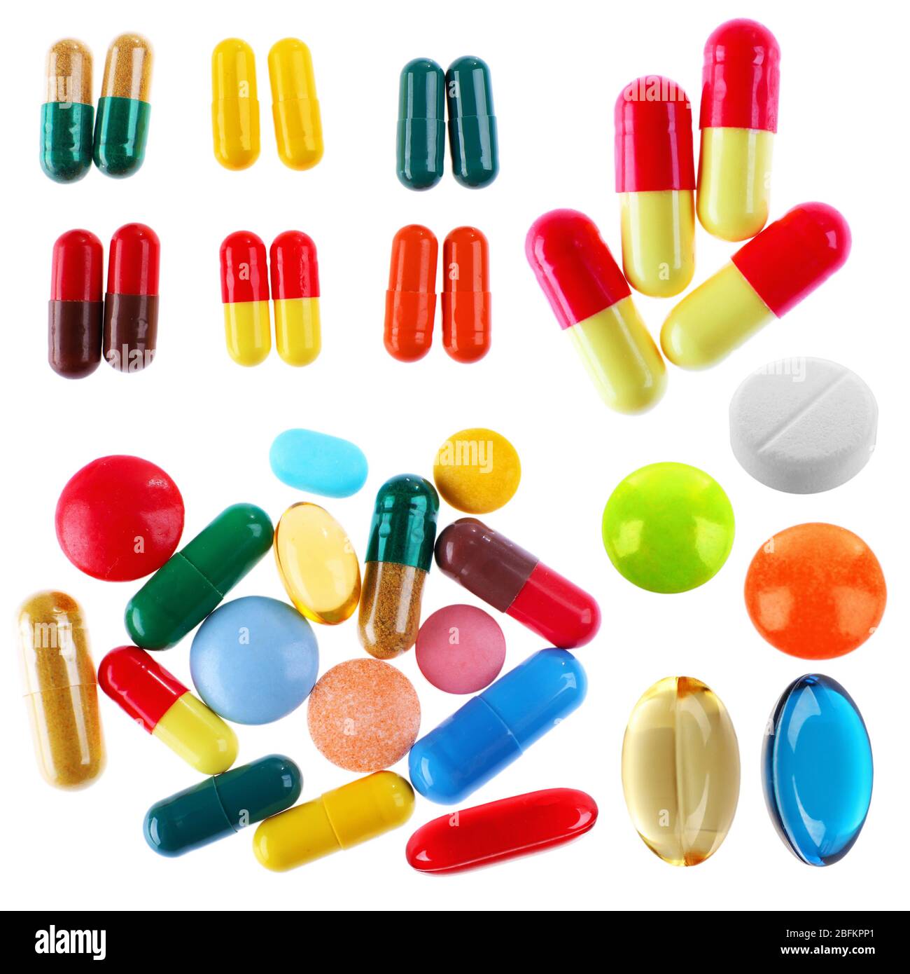 Different pills in collage isolated on white Stock Photo - Alamy
