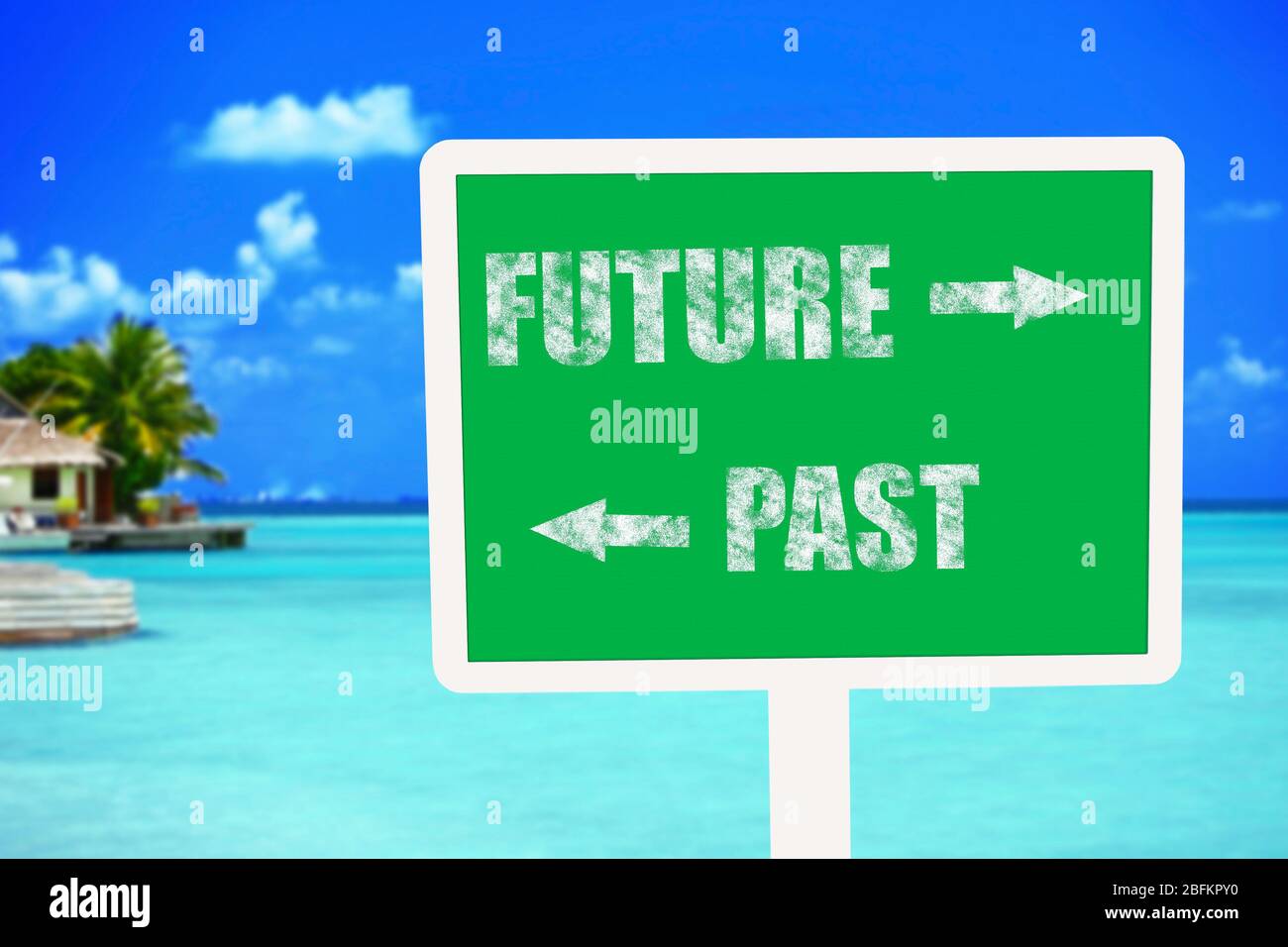 Future concept. Wooden sign board on ocean background Stock Photo - Alamy