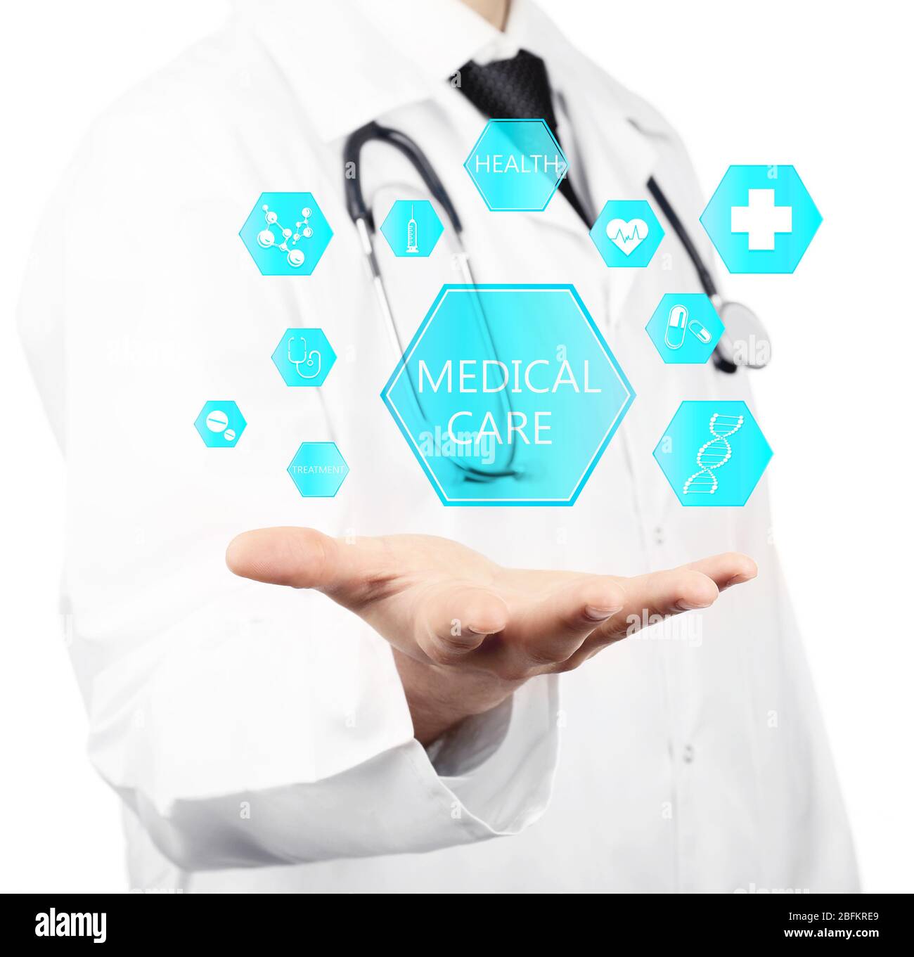 Doctor hand with medicine icons - medical technology concept Stock ...